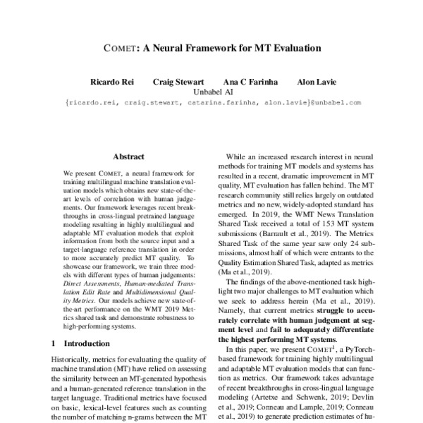 COMET: A Neural Framework for MT Evaluation - ACL Anthology
