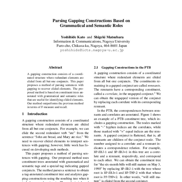 Parsing Gapping Constructions Based On Grammatical And Semantic Roles Acl Anthology