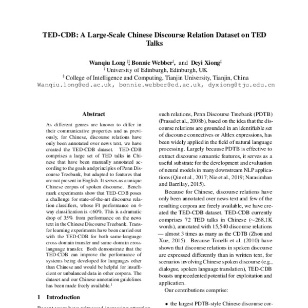 TED-CDB: A Large-Scale Chinese Discourse Relation Dataset on TED Talks ...