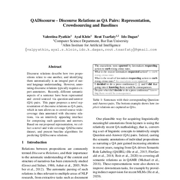 QADiscourse - Discourse Relations as QA Pairs: Representation, Crowdsourcing and Baselines - ACL ...