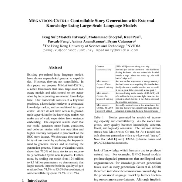 MEGATRON-CNTRL: Controllable Story Generation with External Knowledge Using Large-Scale Language ...