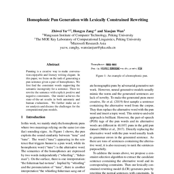 Homophonic Pun Generation with Lexically Constrained Rewriting - ACL Anthology