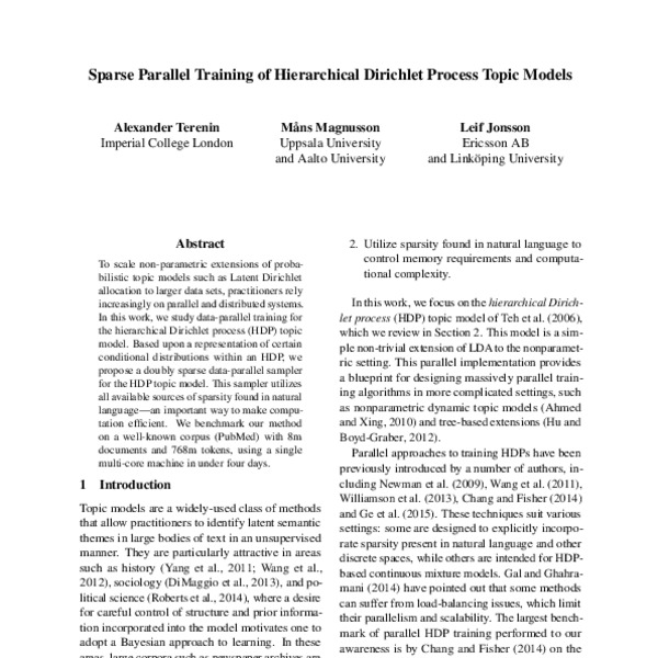 Sparse Parallel Training Of Hierarchical Dirichlet Process Topic Models Acl Anthology