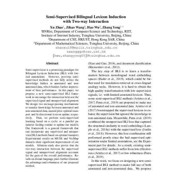 Semi-Supervised Bilingual Lexicon Induction with Two-way Interaction - ACL Anthology