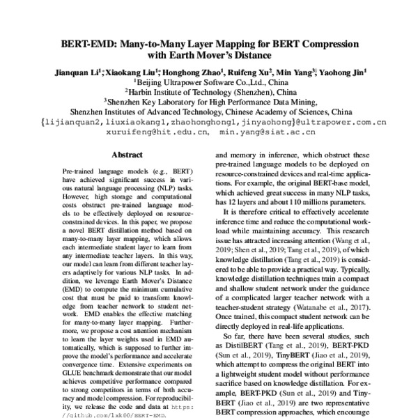 Bert Emd Many To Many Layer Mapping For Bert Compression With Earth Movers Distance Acl