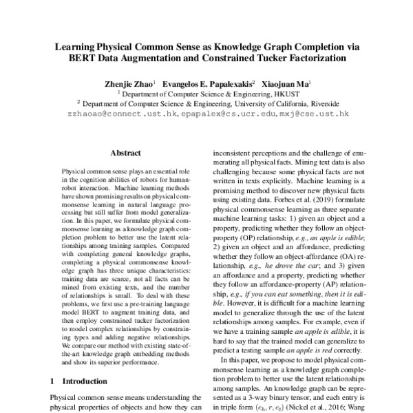Learning Physical Common Sense As Knowledge Graph Completion Via Bert Data Augmentation And