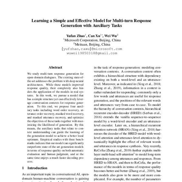 Learning a Simple and Effective Model for Multi-turn Response Generation with Auxiliary Tasks ...