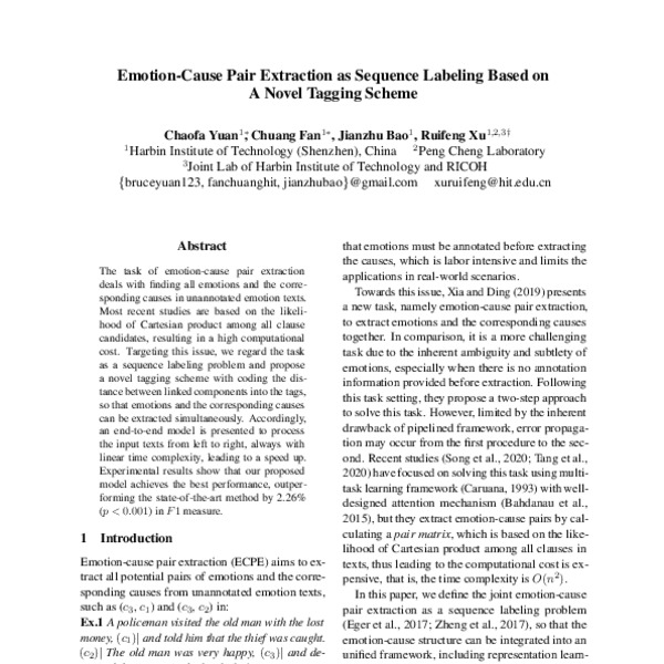 Emotion Cause Pair Extraction As Sequence Labeling Based On A Novel Tagging Scheme Acl Anthology