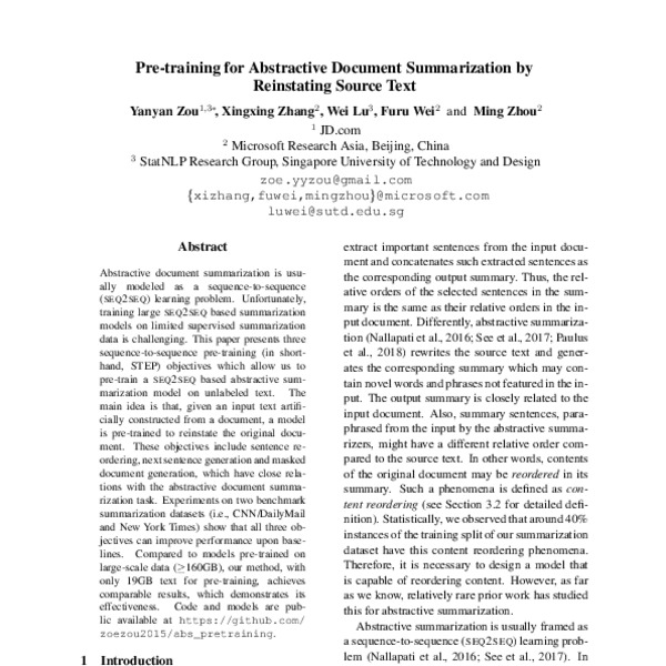 Pre-training for Abstractive Document Summarization by Reinstating ...