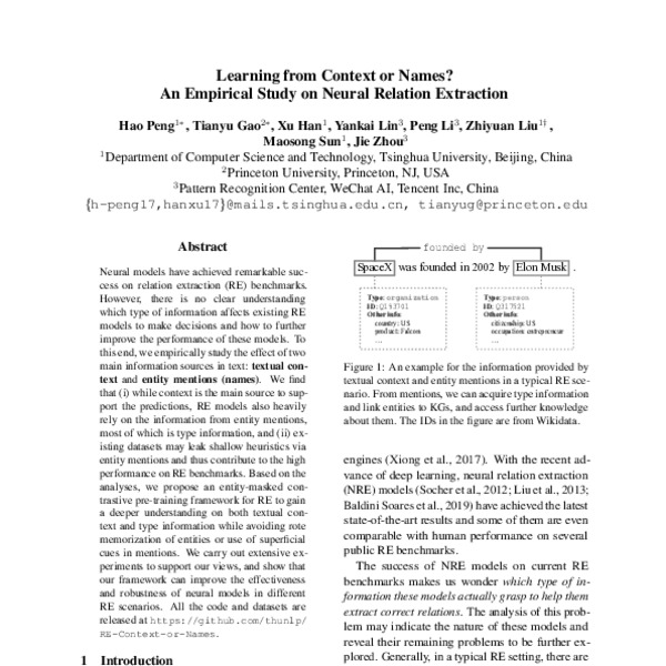 Learning from Context or Names? An Empirical Study on Neural Relation Extraction - ACL Anthology