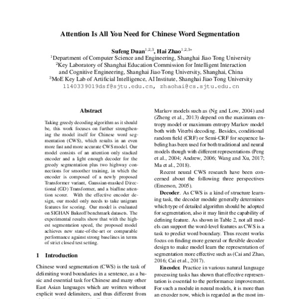 Attention Is All You Need for Chinese Word Segmentation - ACL Anthology