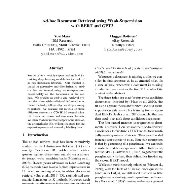 Ad-hoc Document Retrieval using Weak-Supervision with BERT and GPT2 - ACL Anthology