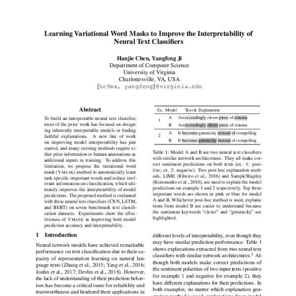 Learning Variational Word Masks to Improve the Interpretability of Neural Text Classifiers - ACL ...