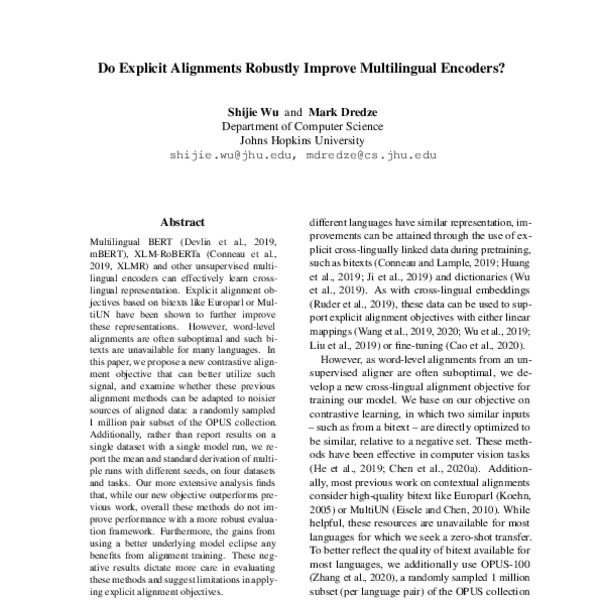 Do Explicit Alignments Robustly Improve Multilingual Encoders? - ACL Anthology