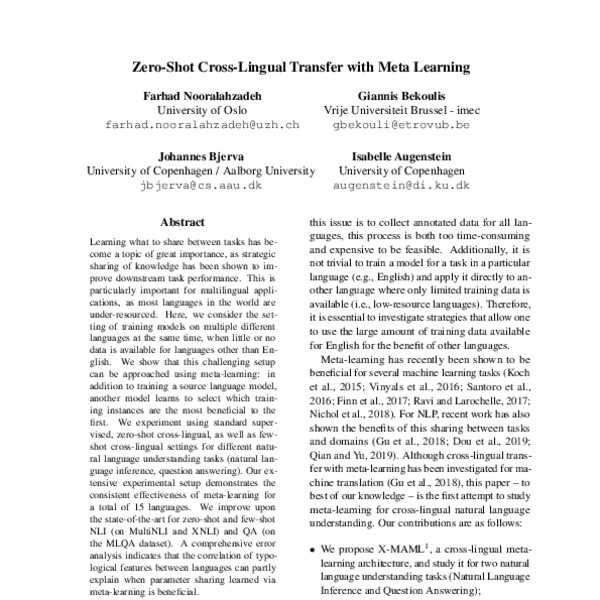 Zero-Shot Cross-Lingual Transfer with Meta Learning - ACL Anthology