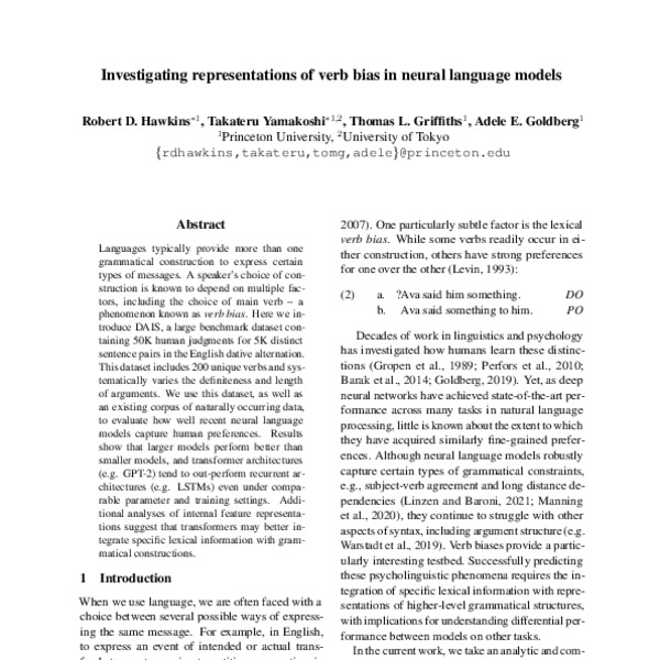 Investigating representations of verb bias in neural language models - ACL Anthology