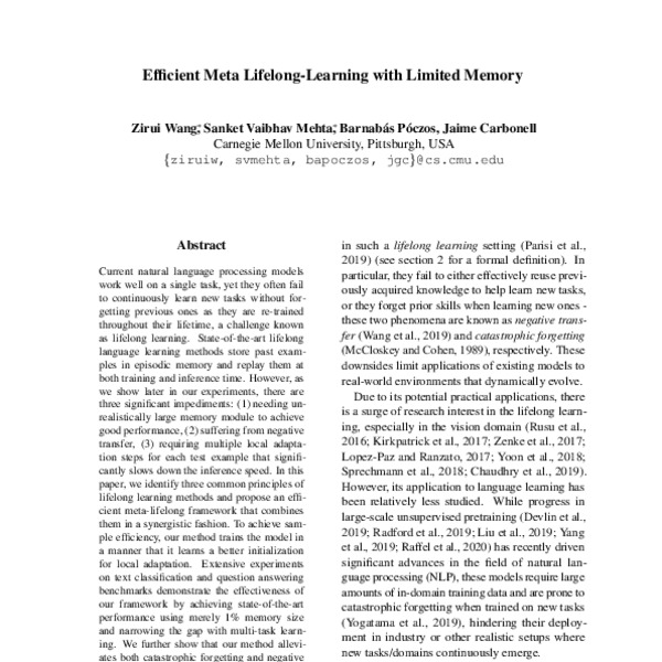 Efficient Meta Lifelong-Learning with Limited Memory - ACL Anthology