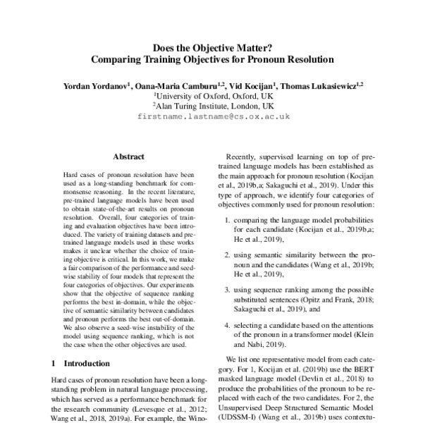 Does the Objective Matter? Comparing Training Objectives for Pronoun Resolution - ACL Anthology