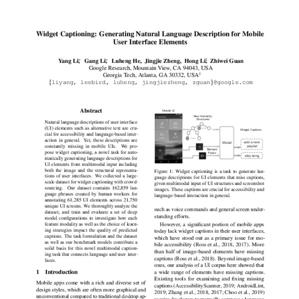 Widget Captioning: Generating Natural Language Description for Mobile User Interface Elements ...