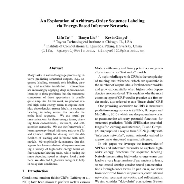 An Exploration Of Arbitrary Order Sequence Labeling Via Energy Based