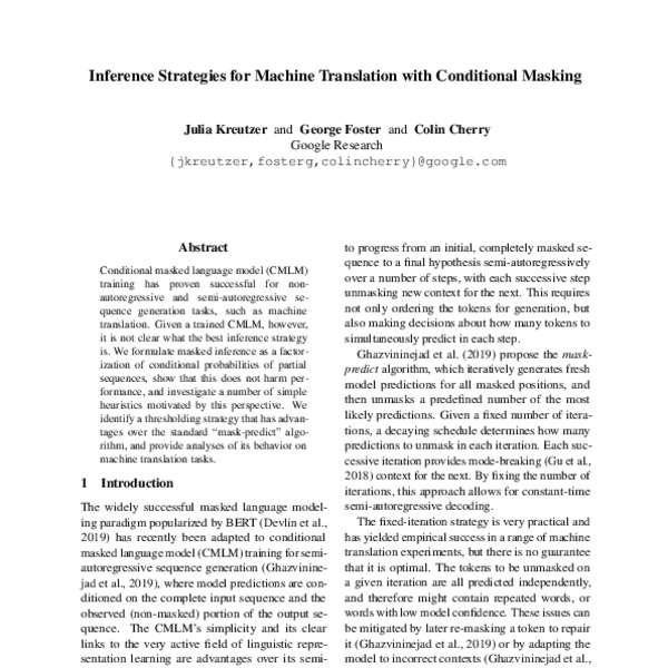 Inference Strategies For Machine Translation With Conditional Masking Acl Anthology