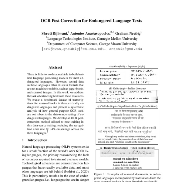 OCR Post Correction for Endangered Language Texts - ACL Anthology