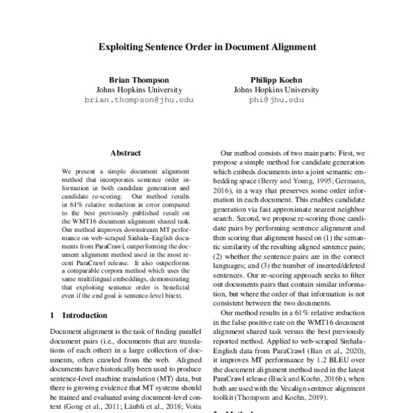 Exploiting Sentence Order in Document Alignment - ACL Anthology