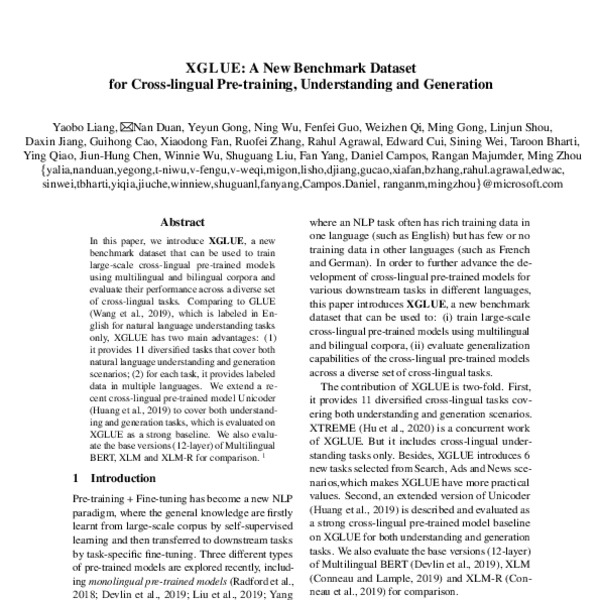 XGLUE: A New Benchmark Dataset for Cross-lingual Pre-training ...