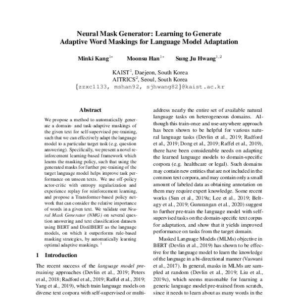Neural Mask Generator: Learning to Generate Adaptive Word Maskings for ...