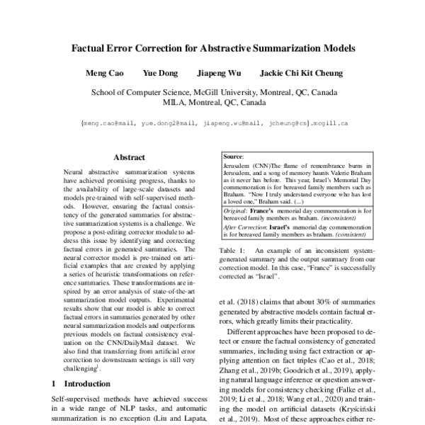 Factual Error Correction for Abstractive Summarization Models - ACL Anthology