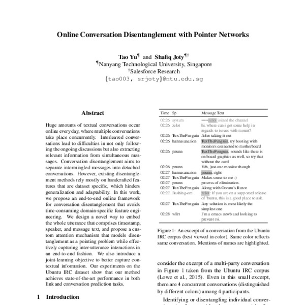 Online Conversation Disentanglement with Pointer Networks - ACL Anthology