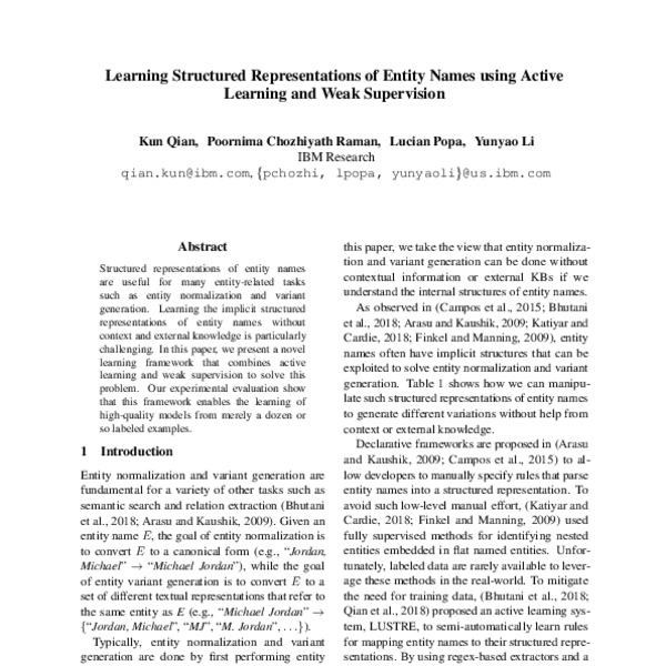 Learning Structured Representations of Entity Names using Active Learning and Weak Supervision ...