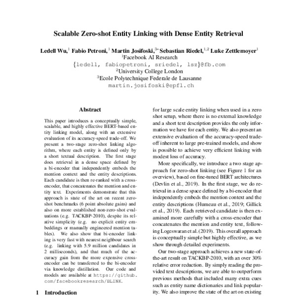 Scalable Zero-shot Entity Linking with Dense Entity Retrieval - ACL Anthology