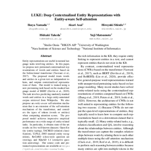 LUKE: Deep Contextualized Entity Representations with Entity-aware Self-attention - ACL Anthology