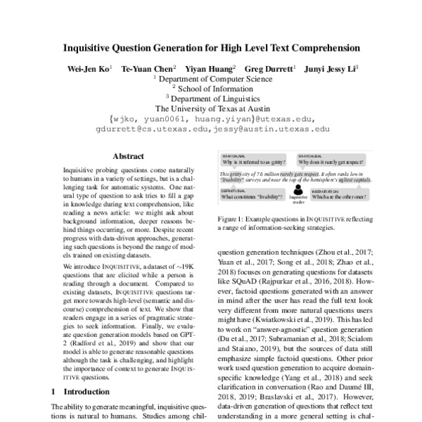 Inquisitive Question Generation for High Level Text Comprehension - ACL ...