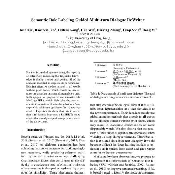 Semantic Role Labeling Guided Multi-turn Dialogue ReWriter - ACL Anthology
