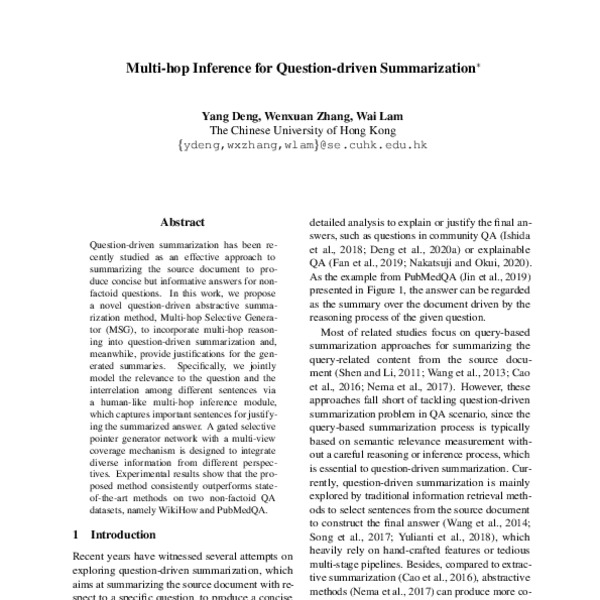 Multi-hop Inference for Question-driven Summarization - ACL Anthology