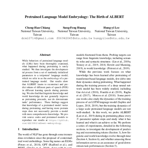 Pretrained Language Model Embryology: The Birth of ALBERT - ACL Anthology