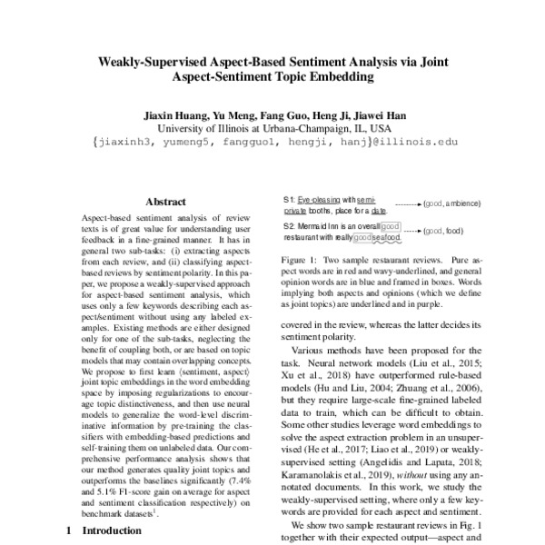 Weakly Supervised Aspect Based Sentiment Analysis Via Joint Aspect Sentiment Topic Embedding