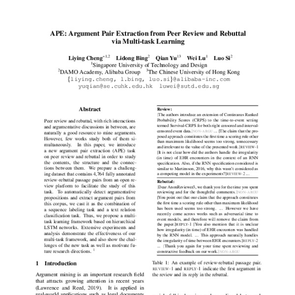 Ape Argument Pair Extraction From Peer Review And Rebuttal Via Multi Task Learning Acl Anthology
