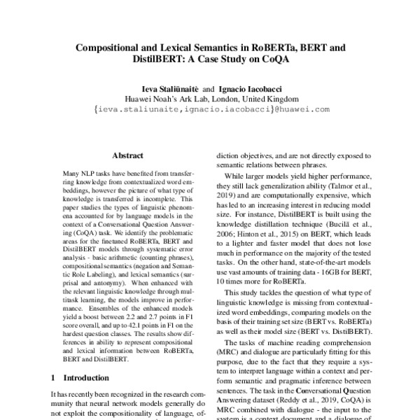 Compositional and Lexical Semantics in RoBERTa, BERT and DistilBERT: A ...