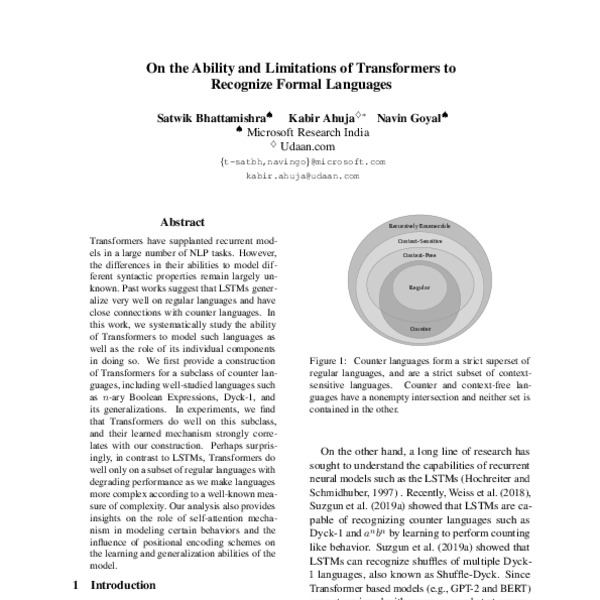 On the Ability and Limitations of Transformers to Recognize Formal Languages - ACL Anthology