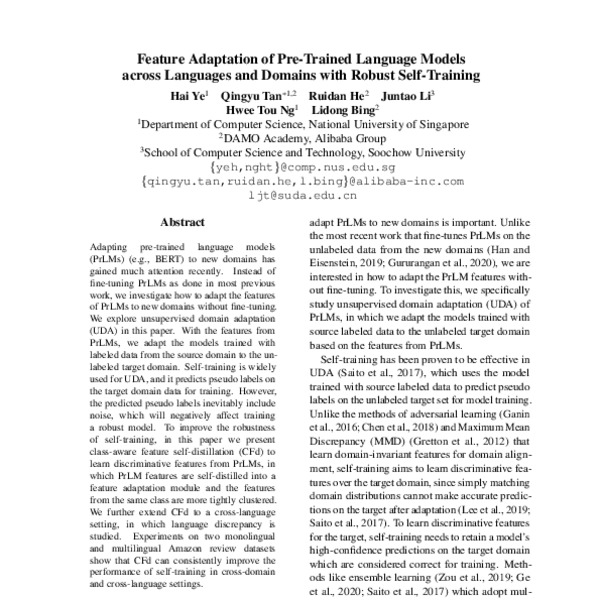 Feature Adaptation Of Pre Trained Language Models Across Languages And Domains With Robust Self