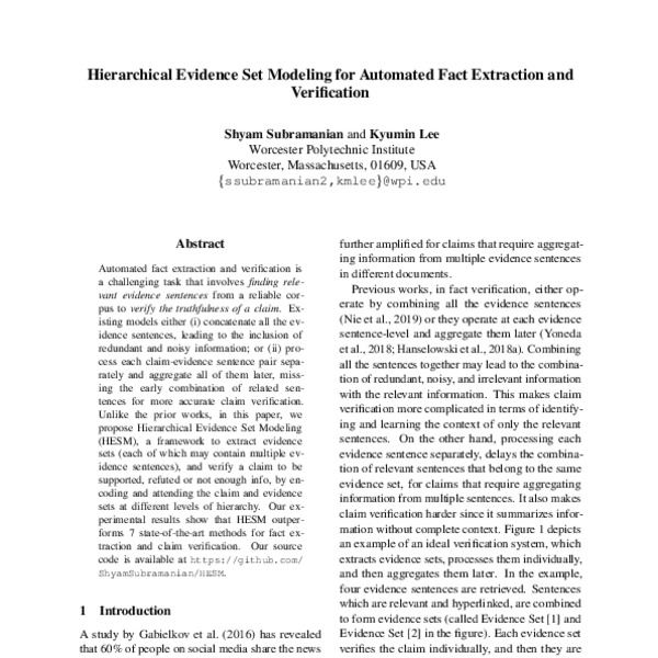 Hierarchical Evidence Set Modeling for Automated Fact Extraction and Verification - ACL Anthology