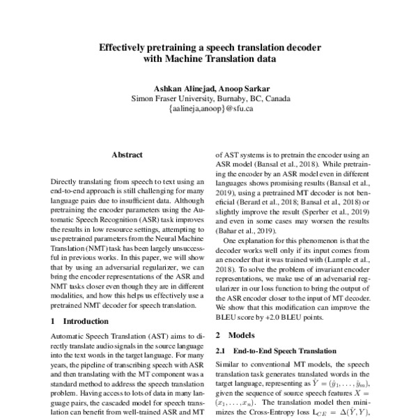 Effectively pretraining a speech translation decoder with Machine Translation data - ACL Anthology