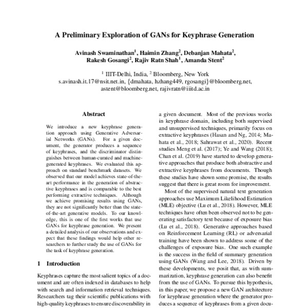 A Preliminary Exploration of GANs for Keyphrase Generation - ACL Anthology