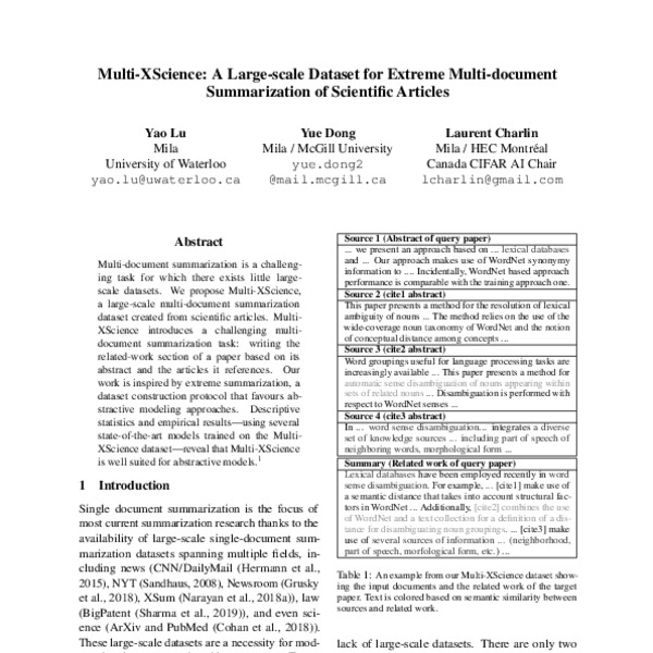 Multi-XScience: A Large-scale Dataset for Extreme Multi-document Summarization of Scientific ...