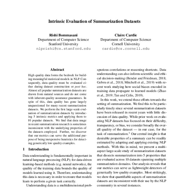 Intrinsic Evaluation of Summarization Datasets - ACL Anthology