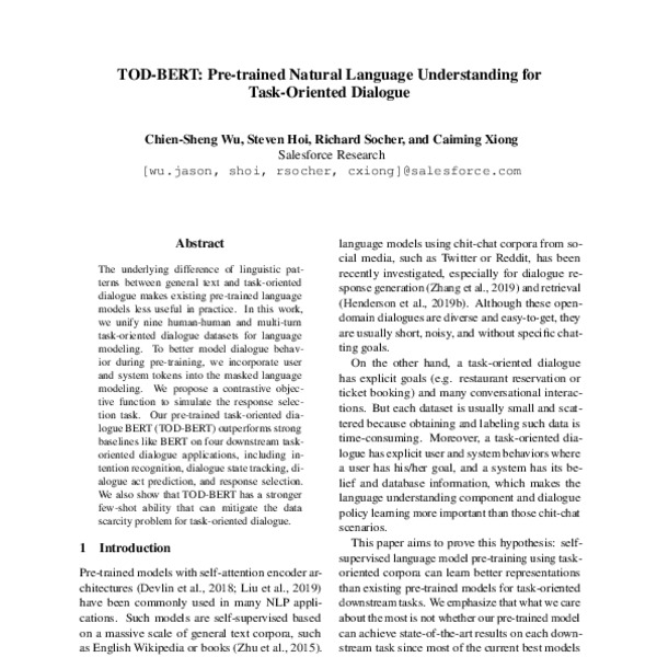 TOD-BERT: Pre-trained Natural Language Understanding for Task-Oriented Dialogue - ACL Anthology