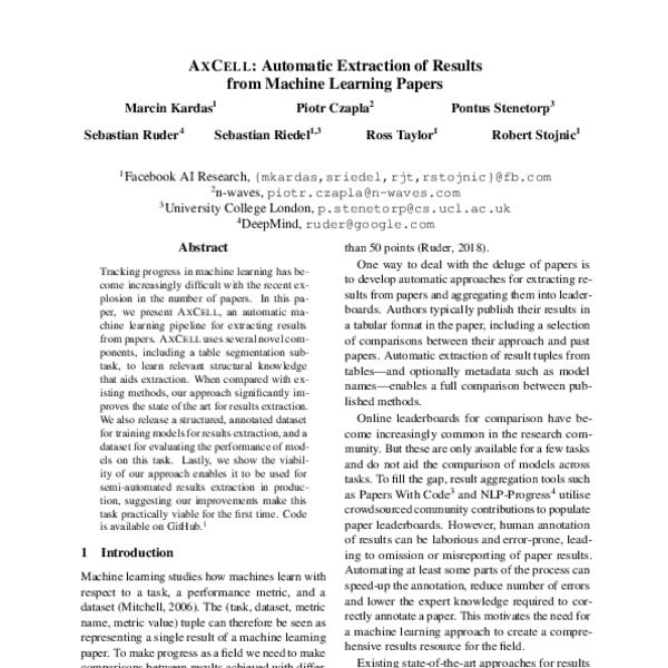 AxCell: Automatic Extraction of Results from Machine Learning Papers - ACL Anthology